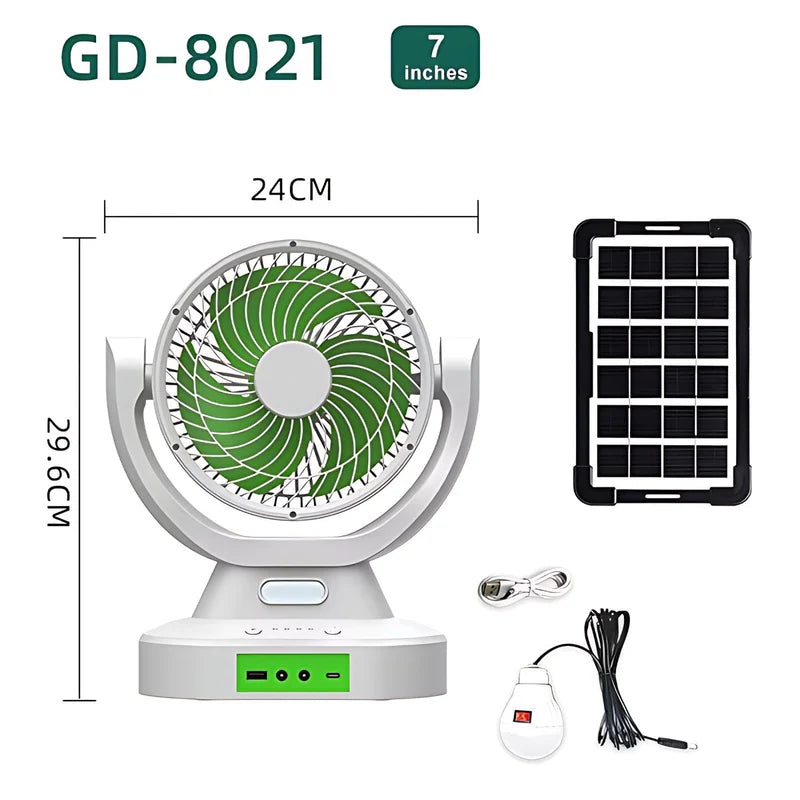 Abanico Solar Portátil 7". Ventilador Recargable Con Panel Solar. Con